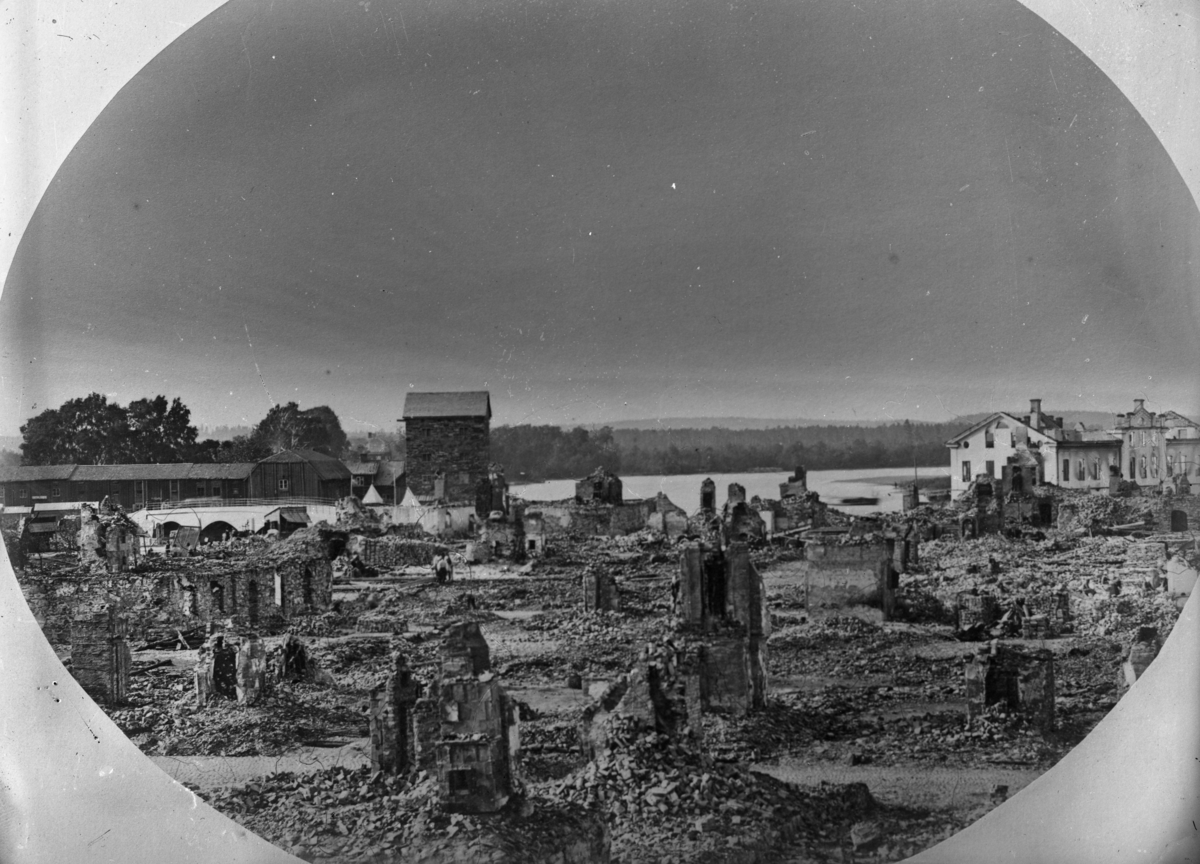 Karlstad efter branden 1865: Förödelse i kvarteren närmast Västra bron ...